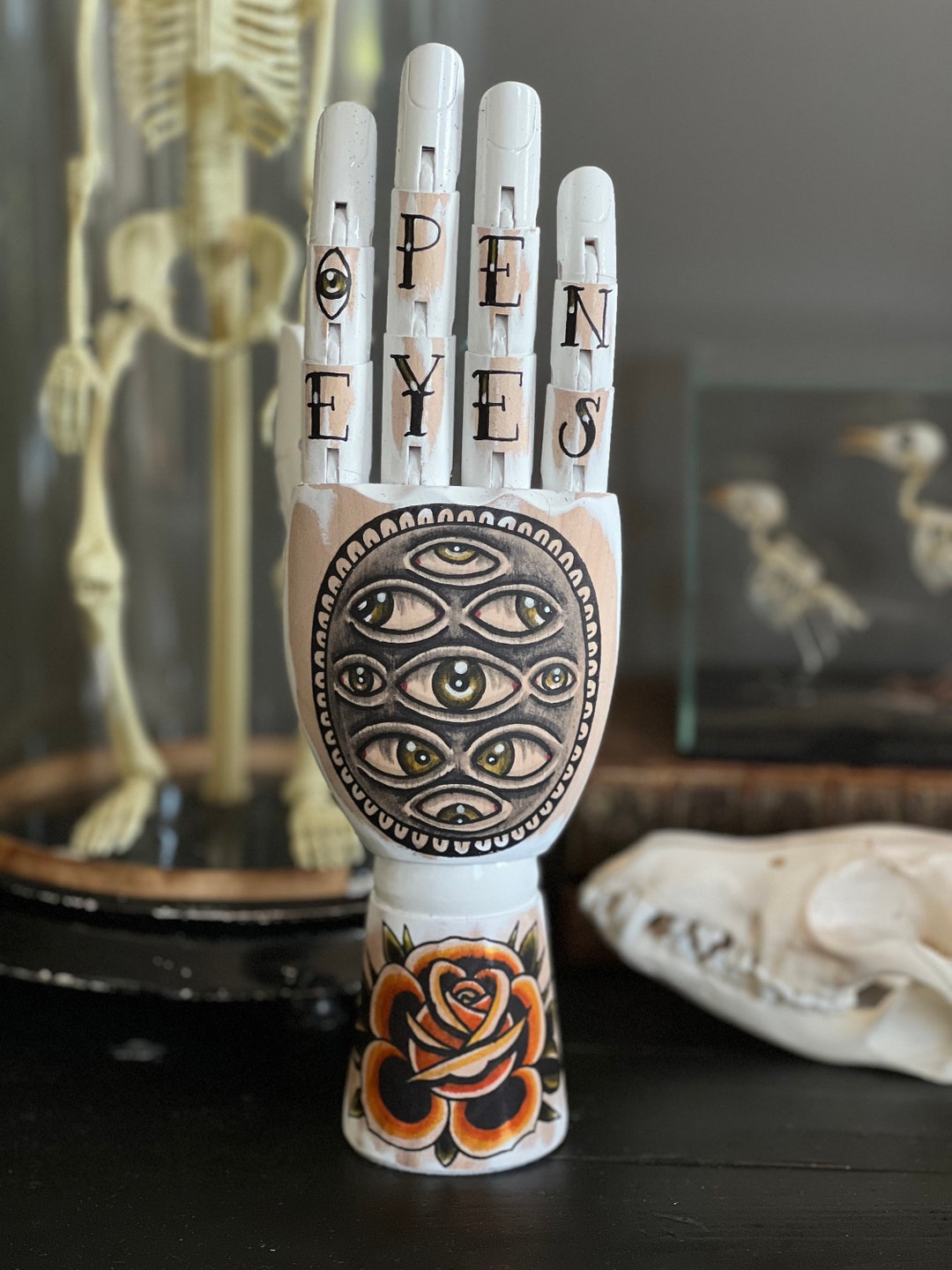 White Wooden Hand With Eyes and Rose Tattoo Design - Etsy