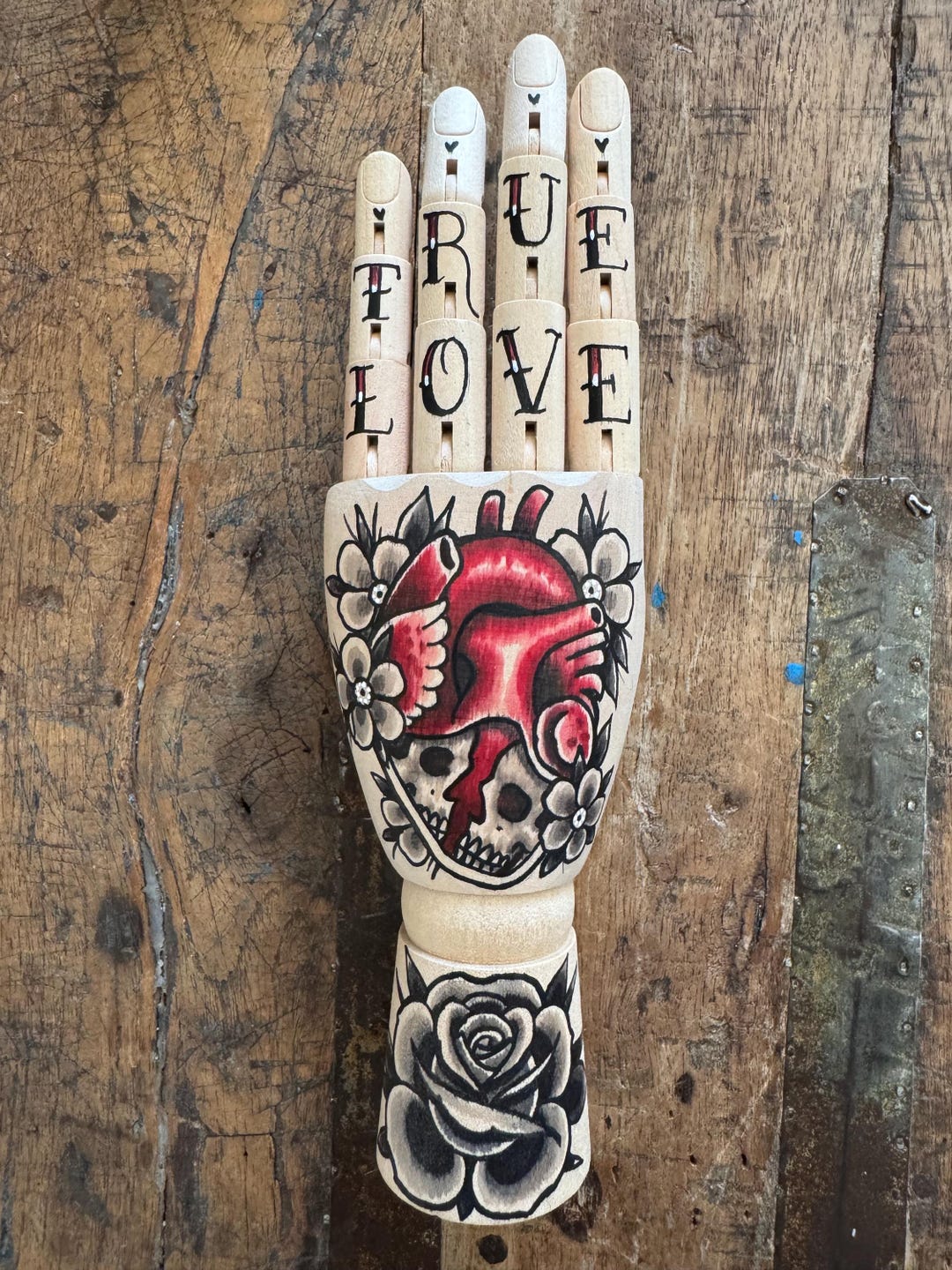 SMALL Wooden Hand With an Anatomical Heart and Skulls Tattoo Design - Etsy