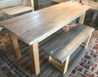 White Wash Farmhouse Table With Benches Rustic Wooden Gray | Etsy