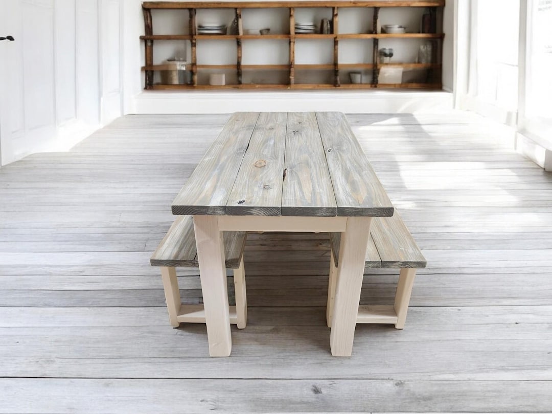 Small Farmhouse Dining Table With Benches: Gray Whitewash Kitchen Set ...