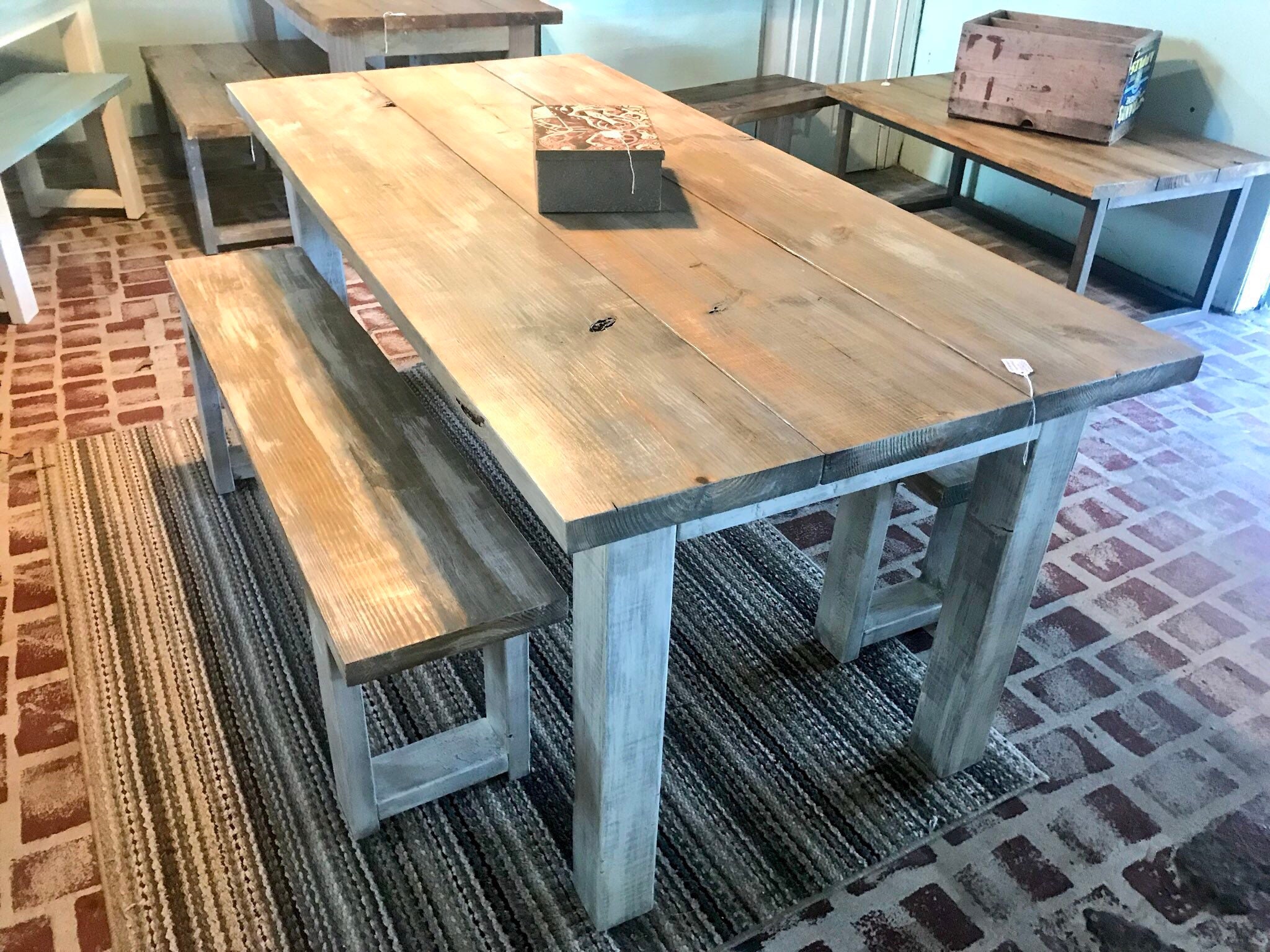 White Wash Farmhouse Table With Benches Rustic Wooden Gray White Wash ...
