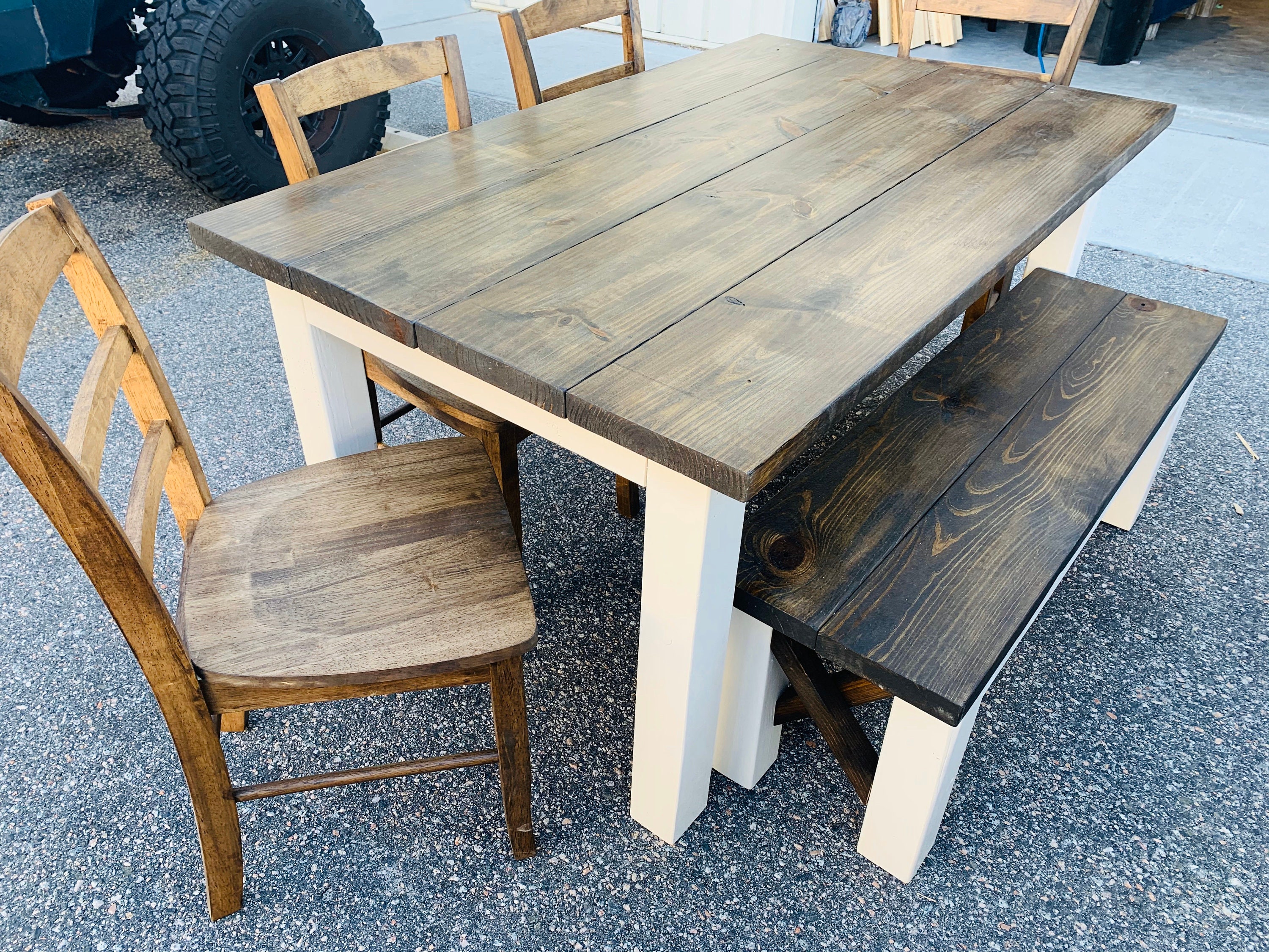 Modern Farmhouse Table Set with Chairs and Bench, Dark Walnut Top and ...