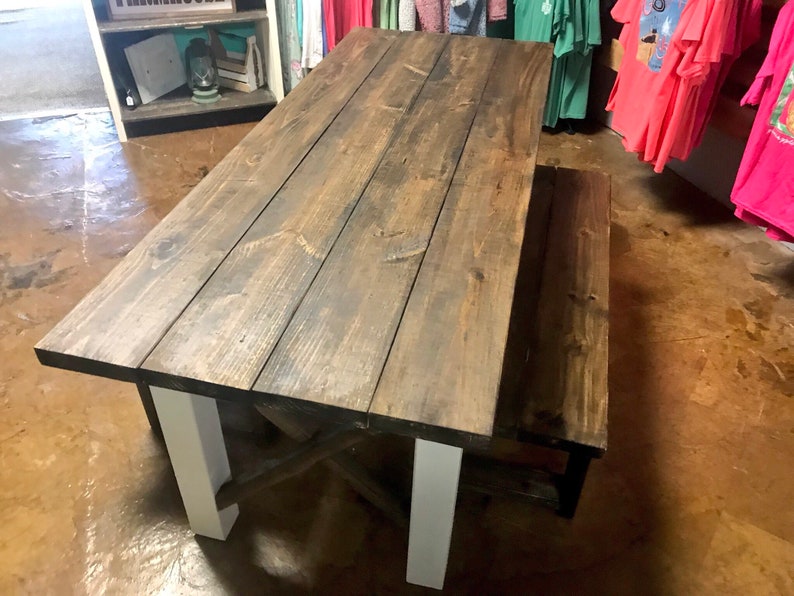 Rustic Wooden Farmhouse Table Set with Dark Walnut Brown Top | Etsy