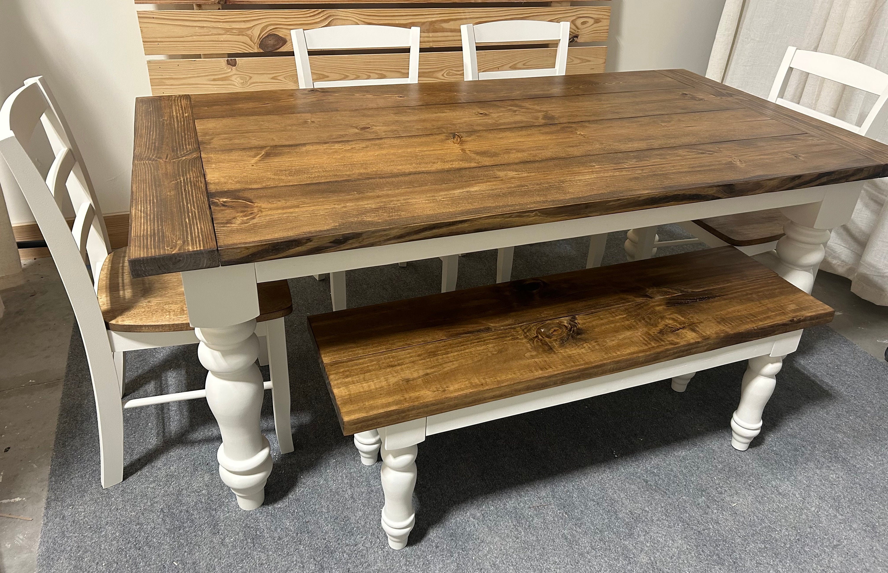 Rustic 6ft Farmhouse Table - With Bench and Chairs - Chunky Turned Legs - Provincial Brown and ...