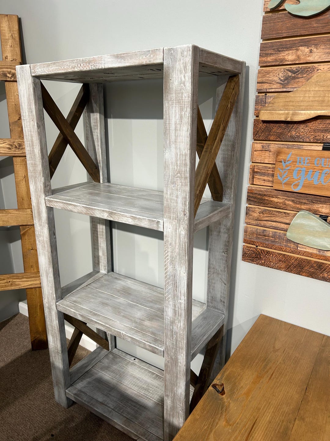 Handmade Wooden Bookcase Shelving Unit Gray, Distressed White Office ...