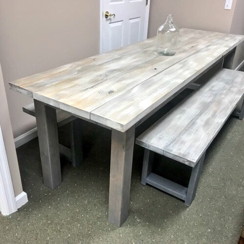 White Wash Farmhouse Table With Bench With Back Rustic Wooden | Etsy