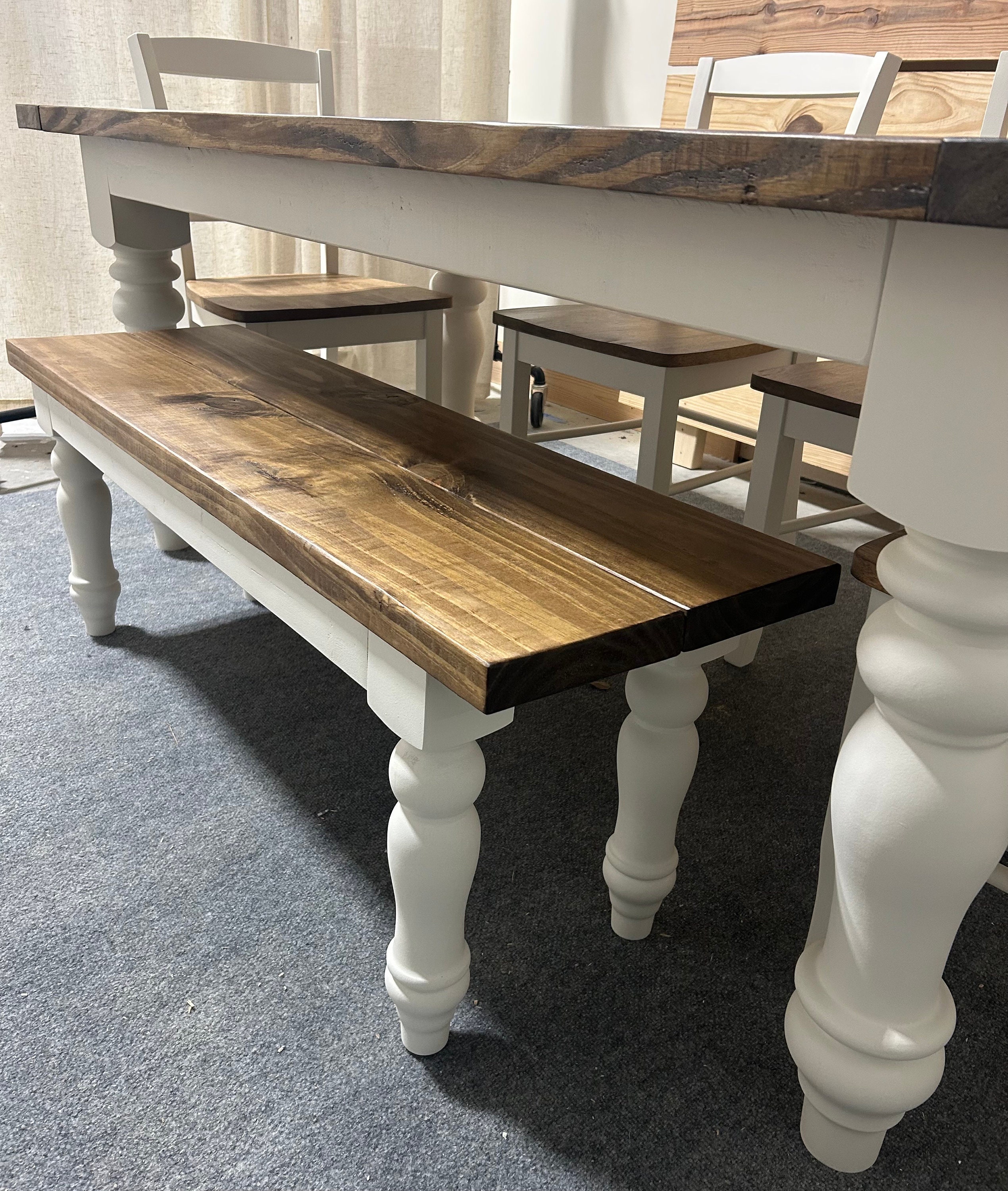 Rustic 6ft Farmhouse Table - With Bench and Chairs - Chunky Turned Legs ...