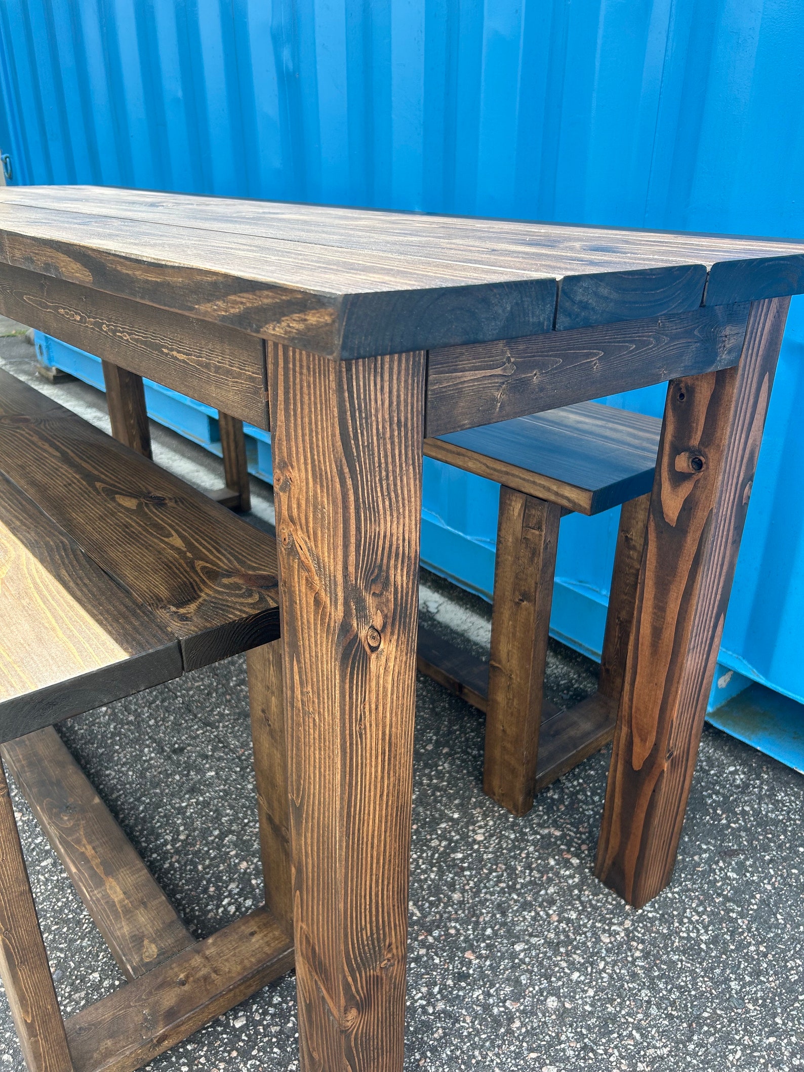 7ft Counter Height Farmhouse Table With Benches: Rustic Dark Walnut ...