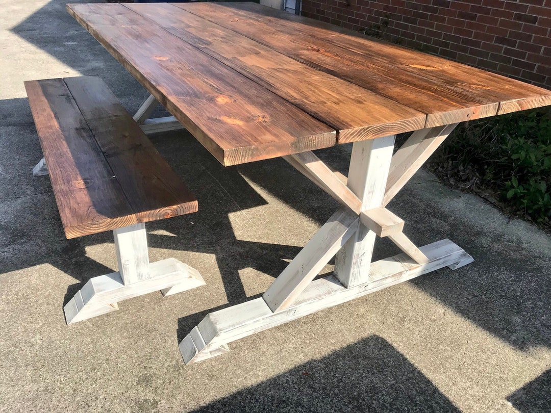 Rustic Pedestal Wide Farmhouse 7ft. Table With Bench Provincial Brown ...