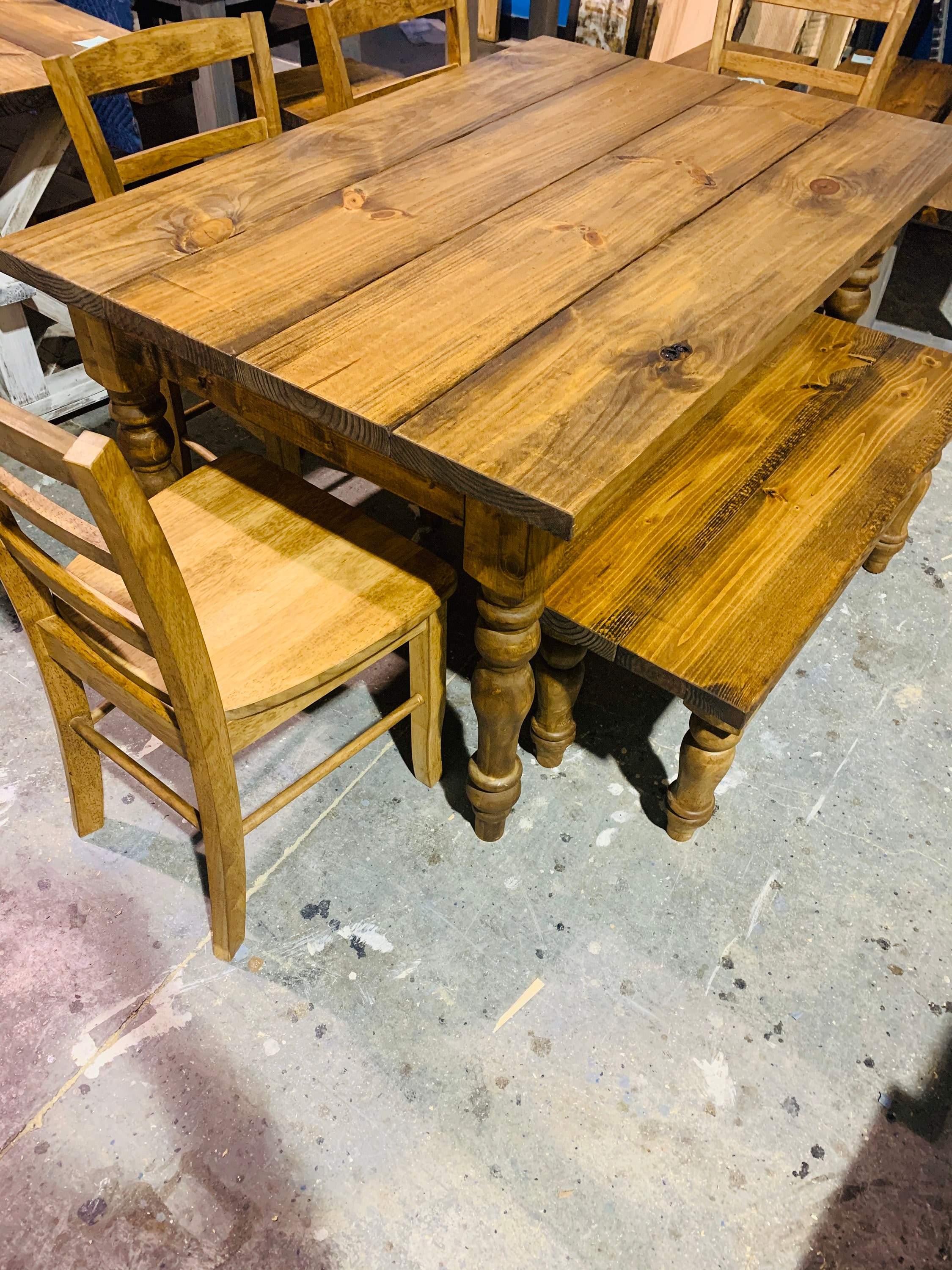 Stained Farmhouse Table with Turned Legs, Benches and Chairs, Early ...