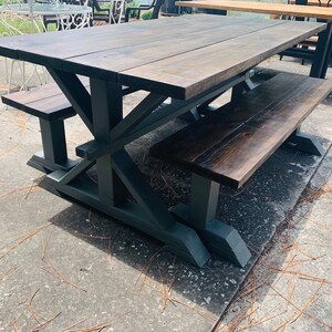 Rustic Pedestal Farmhouse Table With Benches Espresso Brown Top With a ...