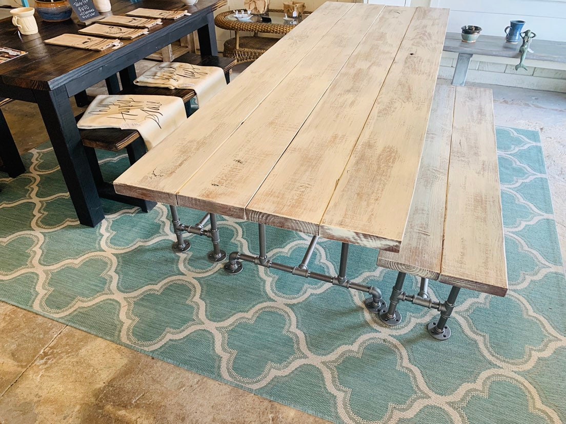 Industrial Style Farmhouse Table with Benches Black Iron Pipe | Etsy