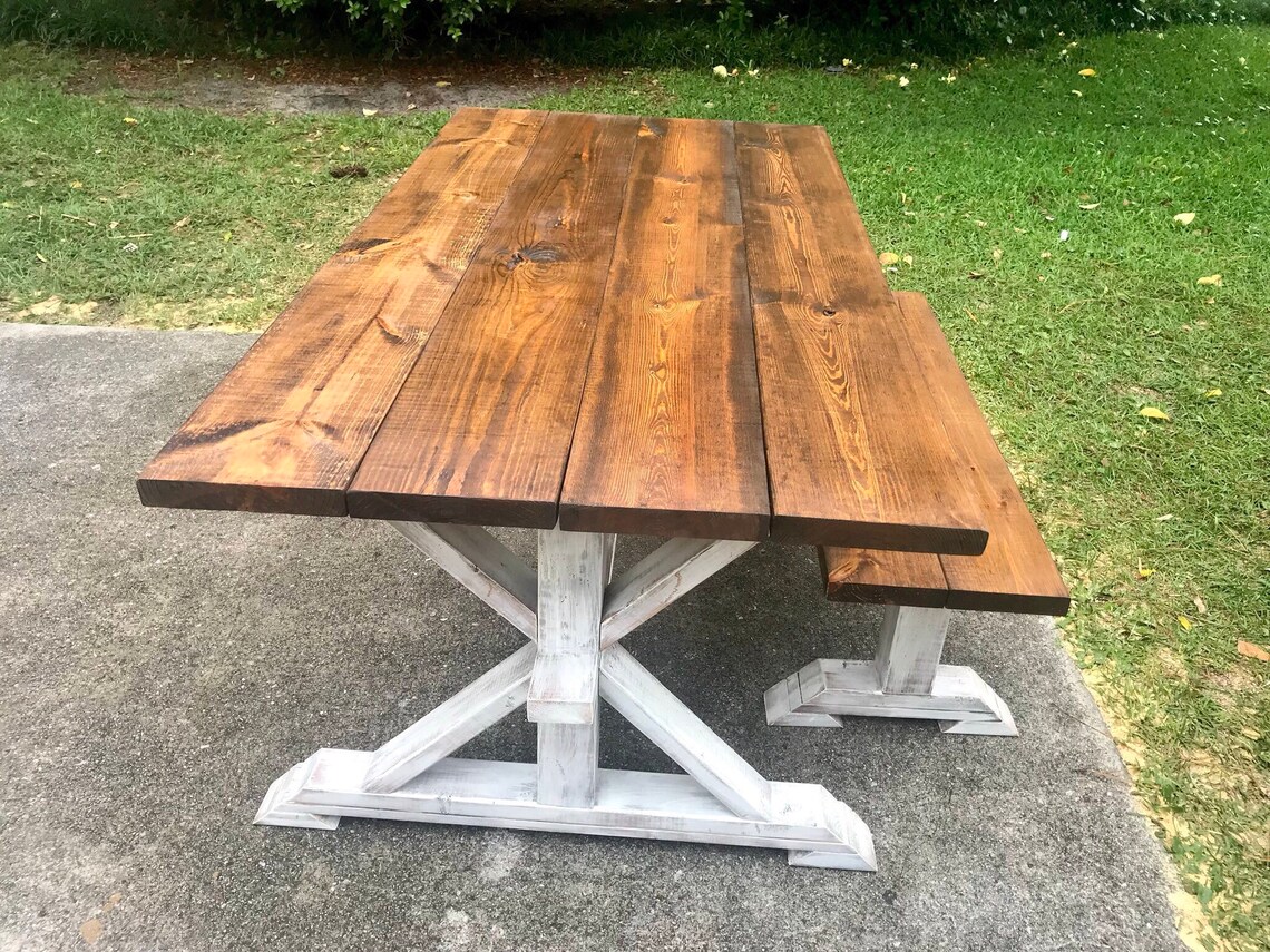 Rustic Pedestal Farmhouse Table With Bench Provincial Brown | Etsy