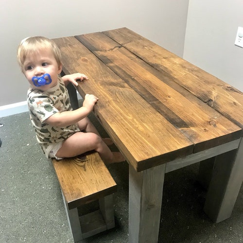 Kids Rustic Pedestal Style Farmhouse Table Set With Benches - Etsy