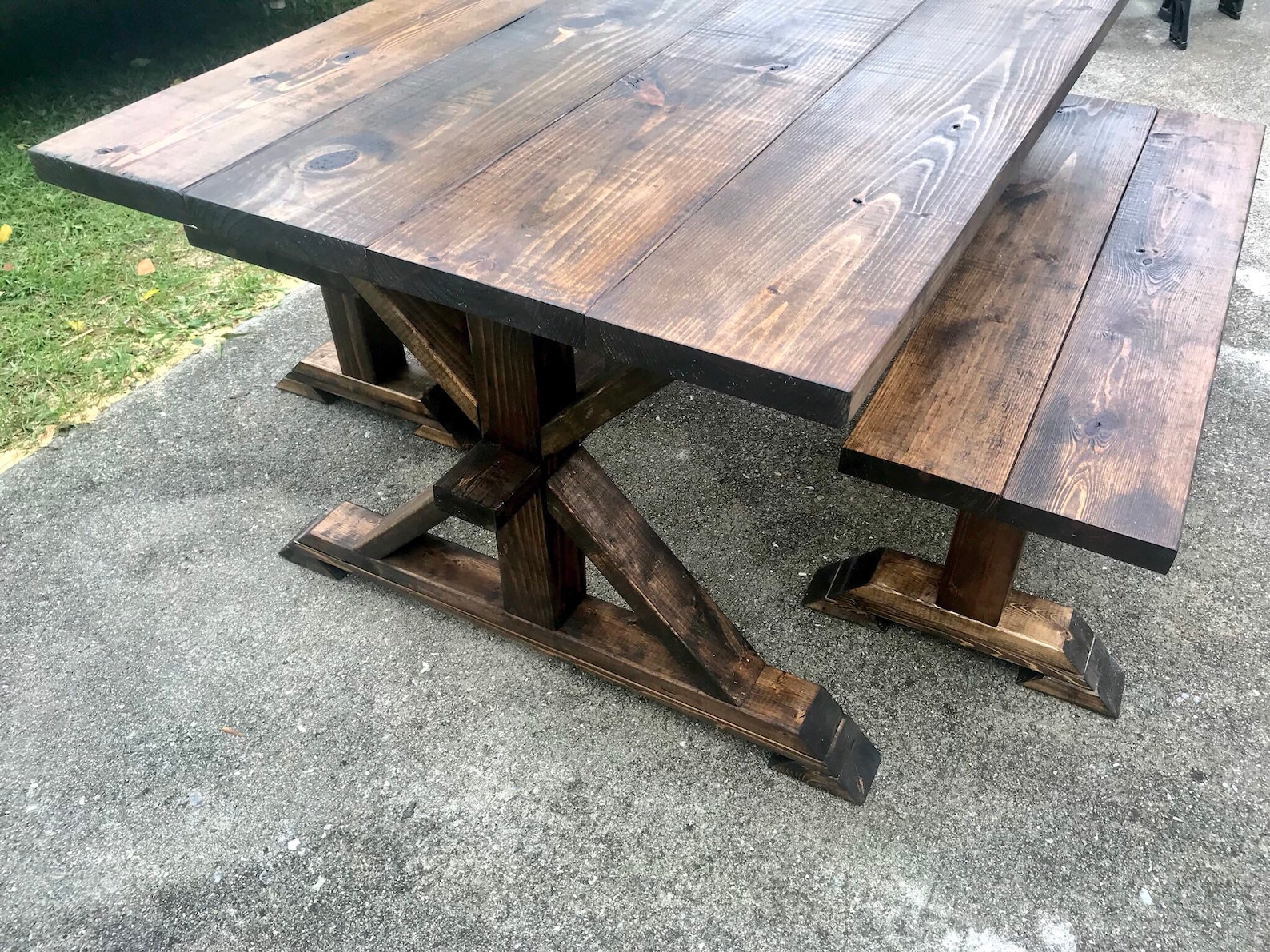 Rustic Pedestal Farmhouse Table With Benches Dark Walnut Brown - Etsy