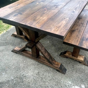 Rustic Pedestal Farmhouse Table With Benches Dark Walnut Brown With ...