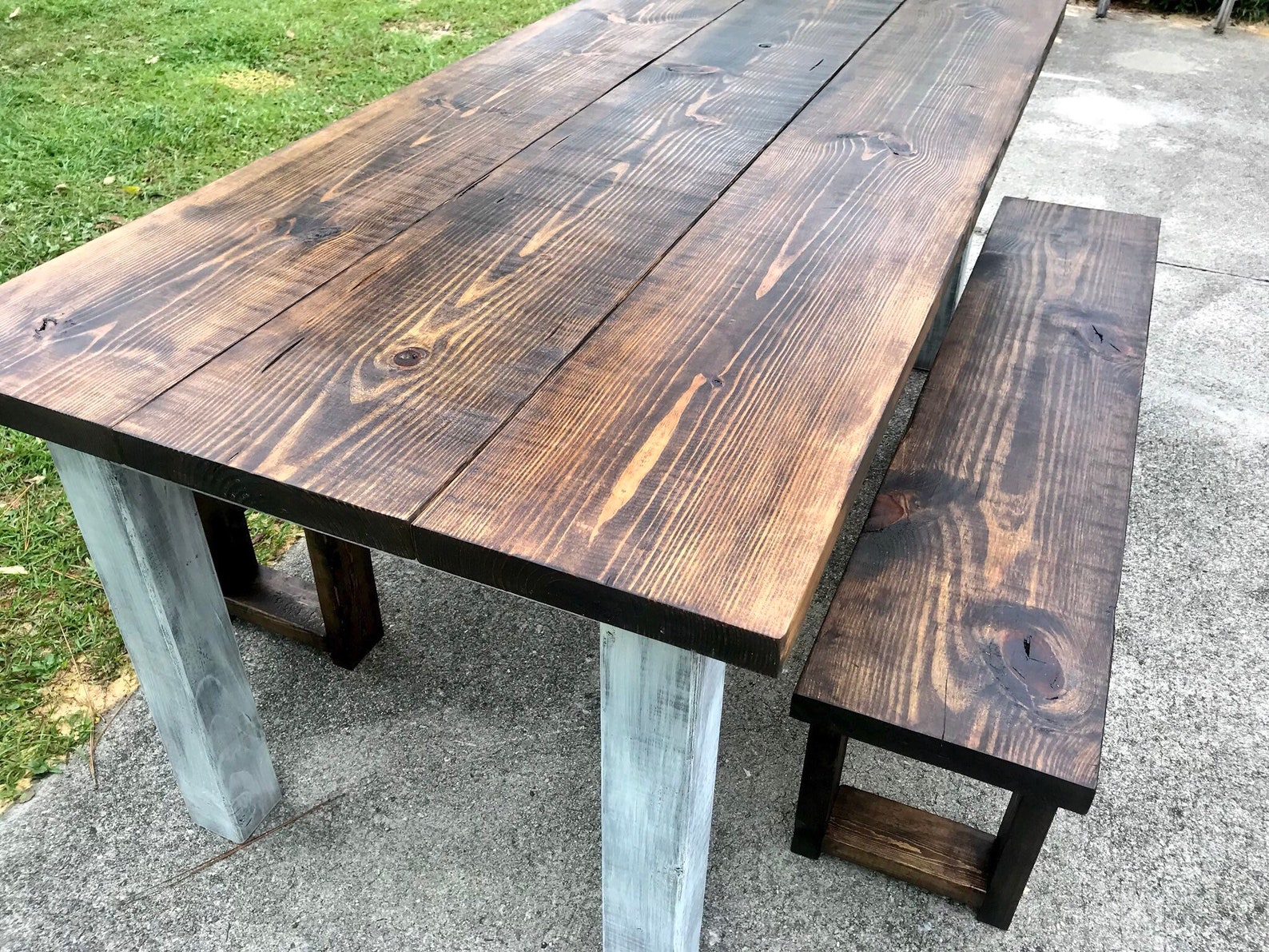 Dark Walnut Farmhouse Table With Benches Rustic Wooden Dark - Etsy