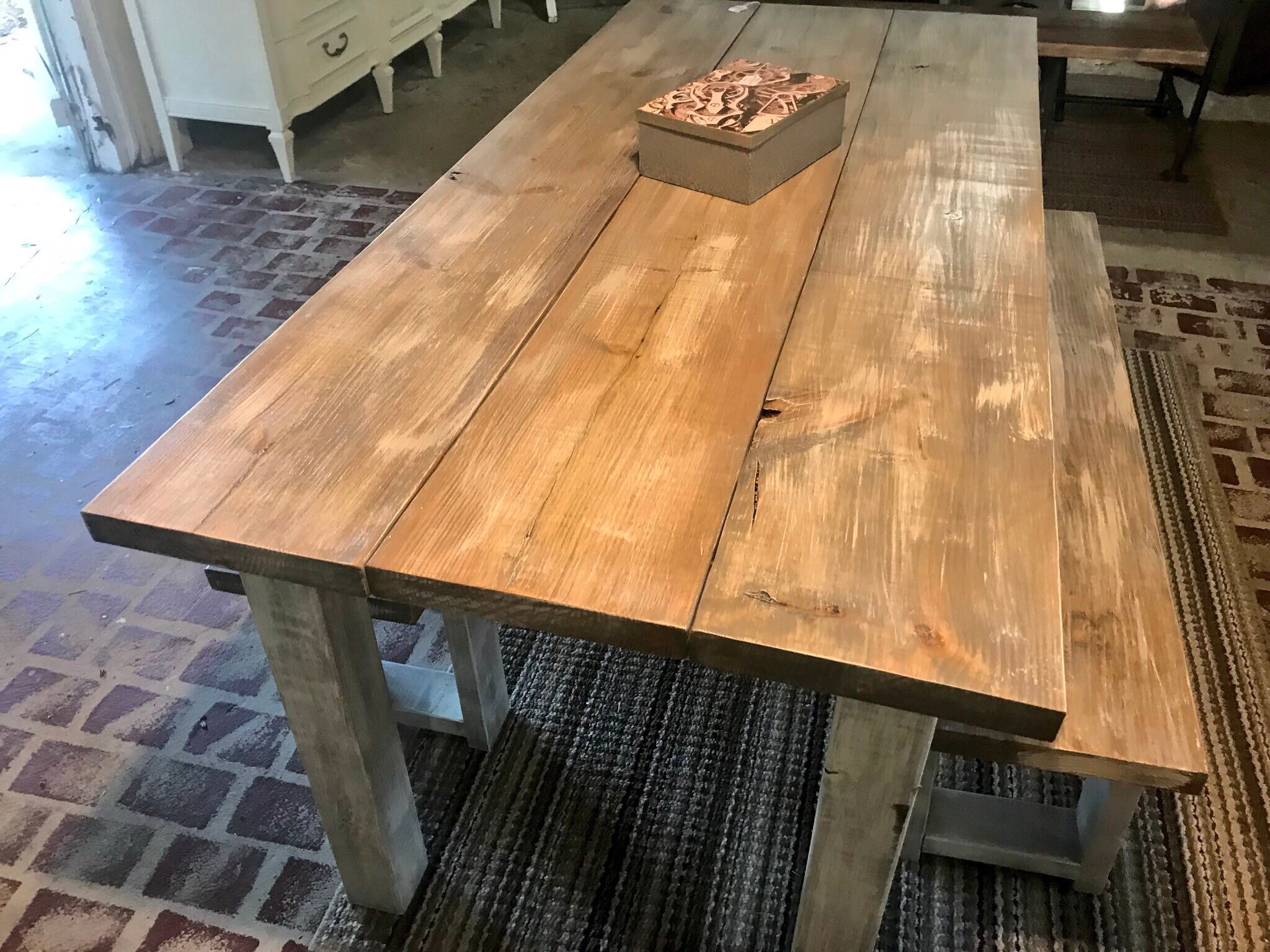 White Wash Farmhouse Table With Benches Rustic Wooden Gray White Wash ...