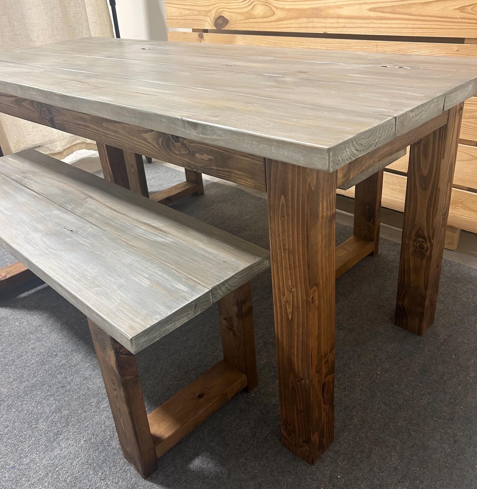 Narrow Farmhouse Dining Table Set: Provincial Brown, Gray Whitewash Top ...