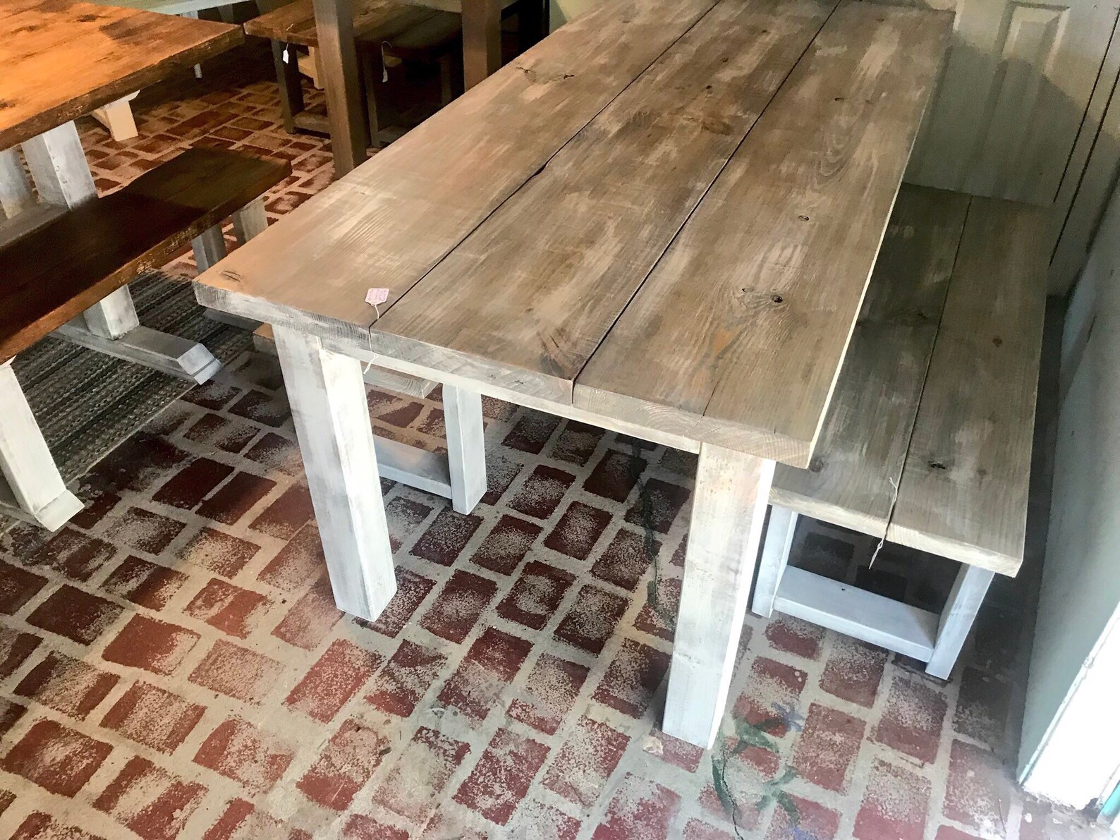 White Wash Farmhouse Table With Benches: Rustic Distressed Wood Dining ...