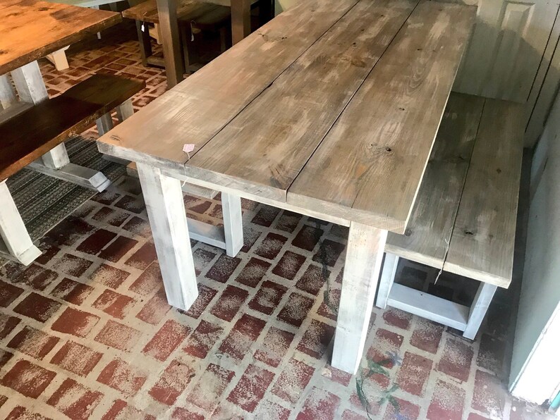 White Wash Farmhouse Table With Benches: Rustic Distressed Wood Dining ...