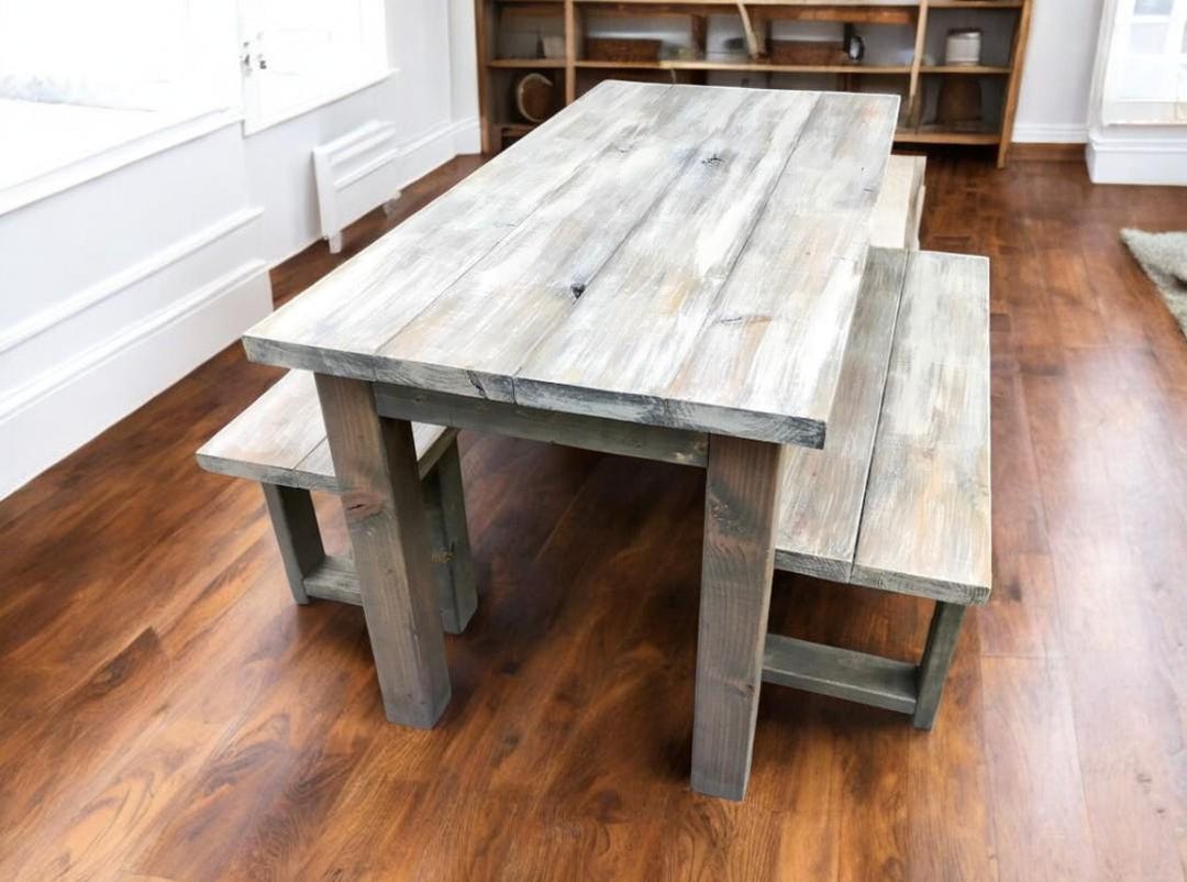 Small Farmhouse Table With Benches - Gray White Wash, Classic Gray ...