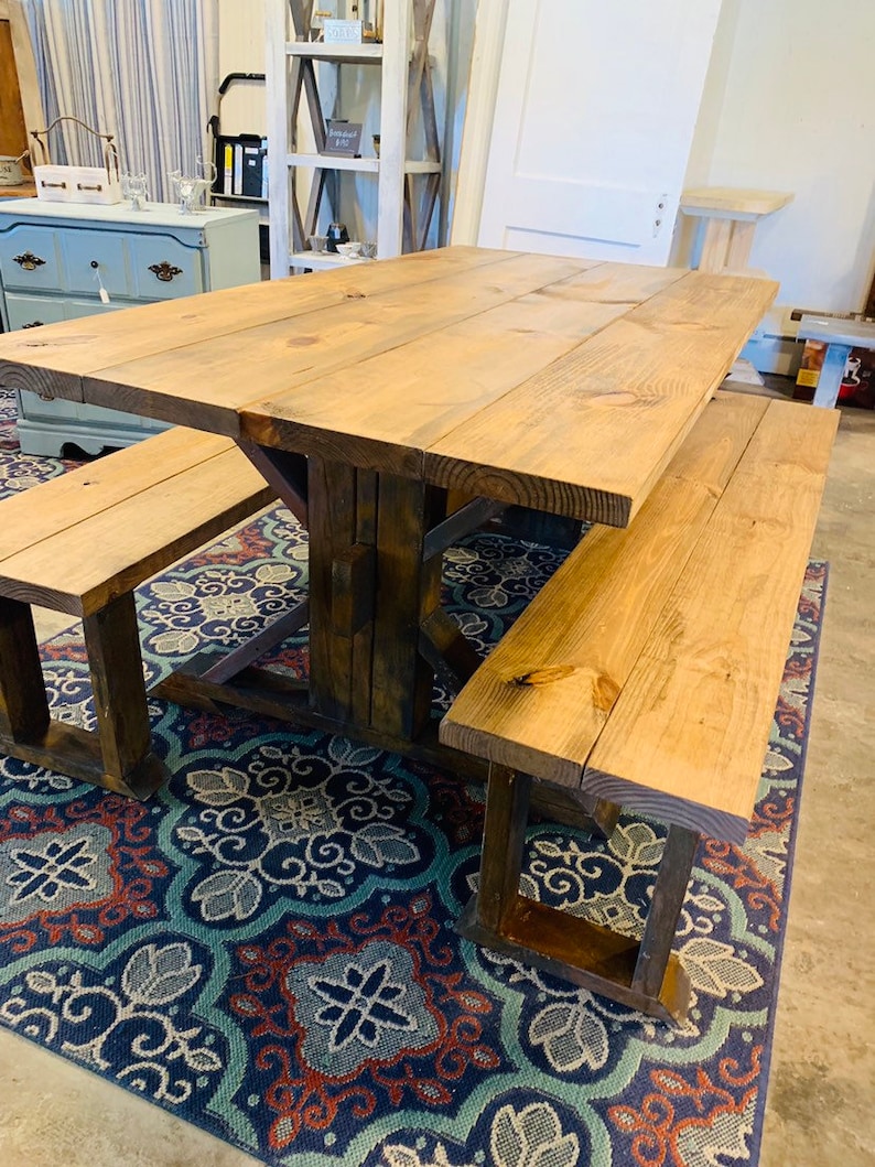 Rustic Rusty Trestle Style Farmhouse Table Set With Benches - Etsy
