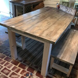 White Wash Farmhouse Table With Benches Rustic Wooden Gray White Wash ...