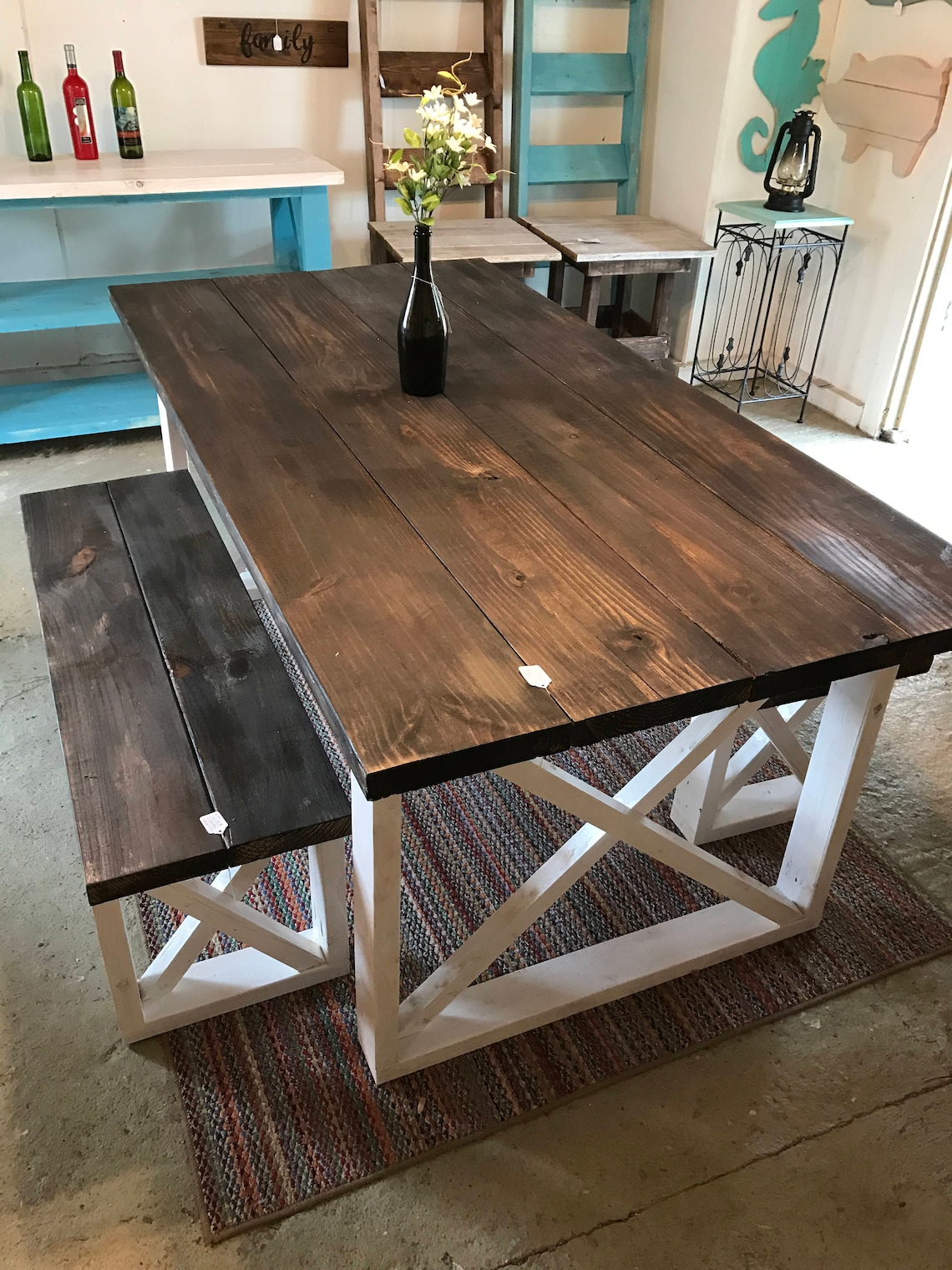 Rustic Farmhouse Table With Benches With Dark Walnut Top and - Etsy