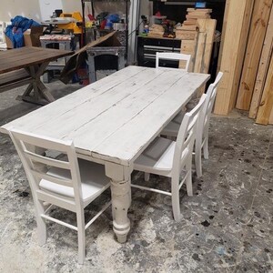 White Distressed Farmhouse Table Set: Wood Turned Legs, Bench & Chairs ...