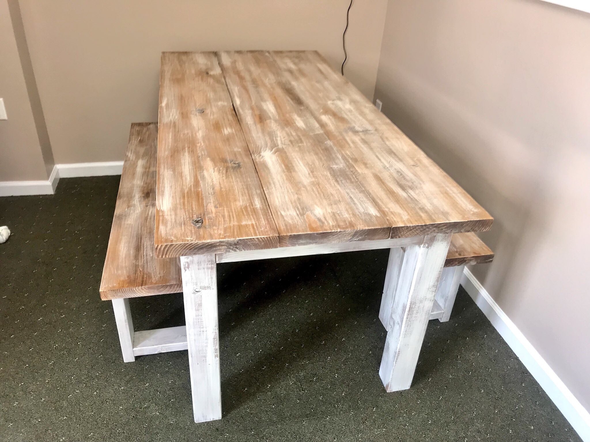 White Wash Farmhouse Table With Benches Rustic Wooden Walnut White Wash ...