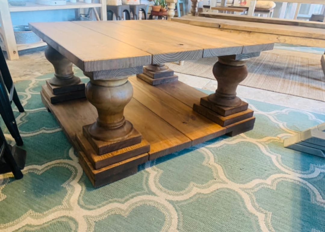 Large Square Farmhouse Coffee Table: Early American Brown, Turned Legs ...