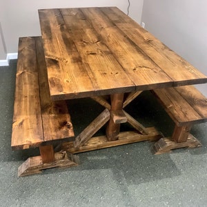Rustic 6ft Pedestal Farmhouse Table With Long Benches Benches ...