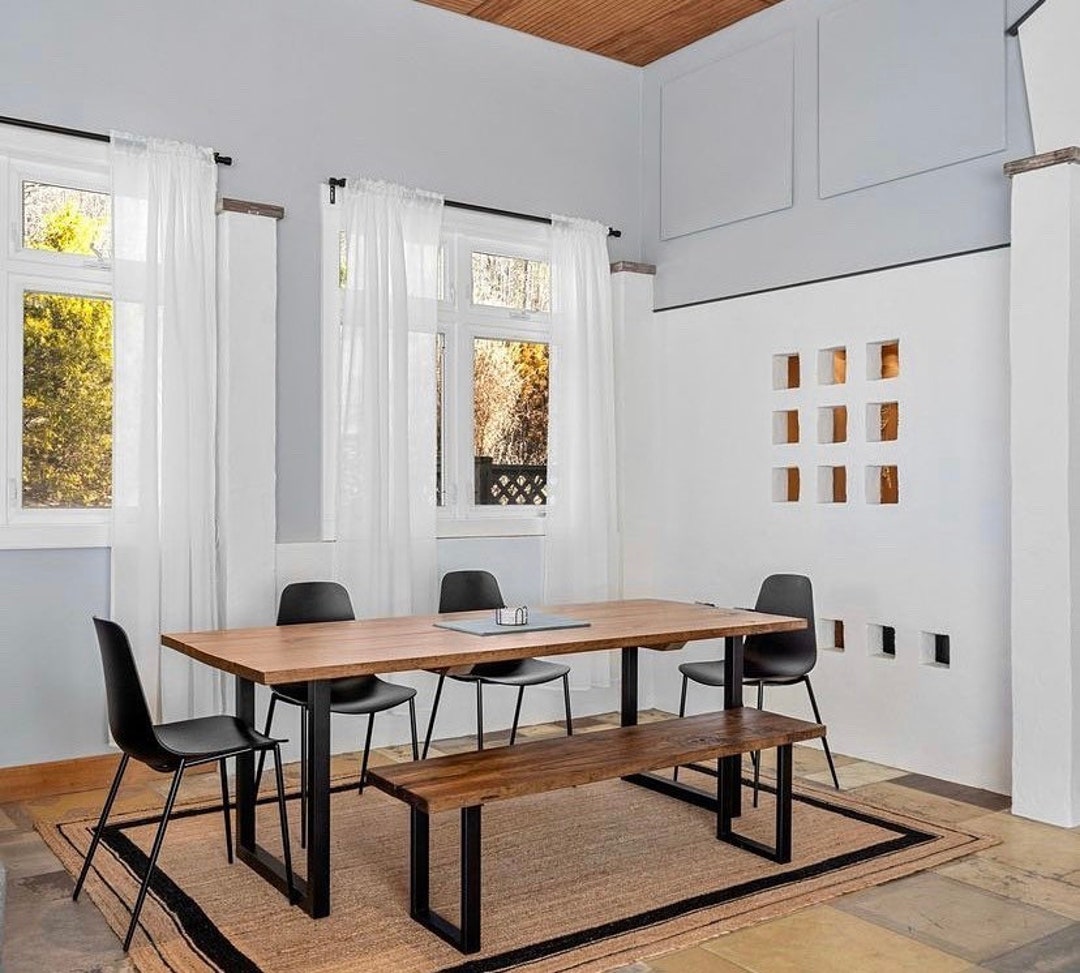 Industrial Farmhouse Dining Table With Bench: Provincial Brown Wood ...