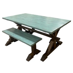 6ft Farmhouse Dining Table Set: Distressed Teal, Dark Walnut, Trestle ...