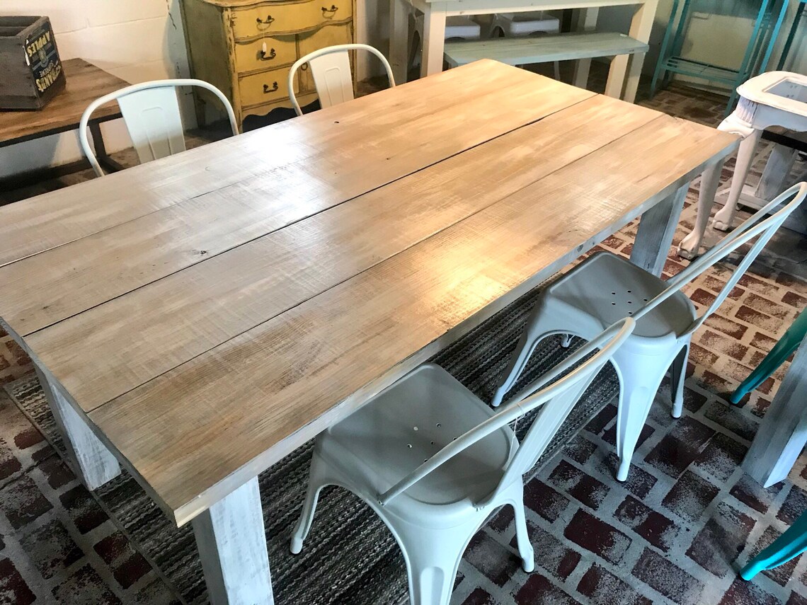 White Wash Farmhouse Table With Metal Chairs Rustic Wooden - Etsy