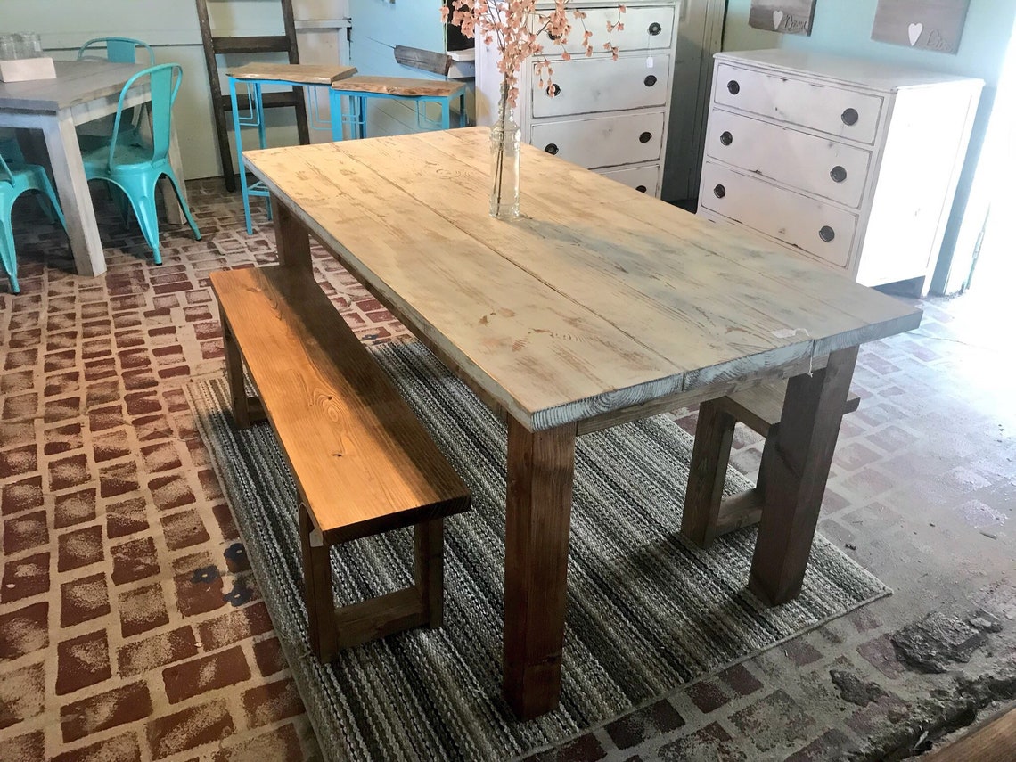 Rustic Weathered Farmhouse Table Set With Wooden Benches - Etsy