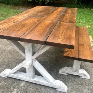 Rustic Pedestal Farmhouse Table With Bench Provincial Brown With White ...