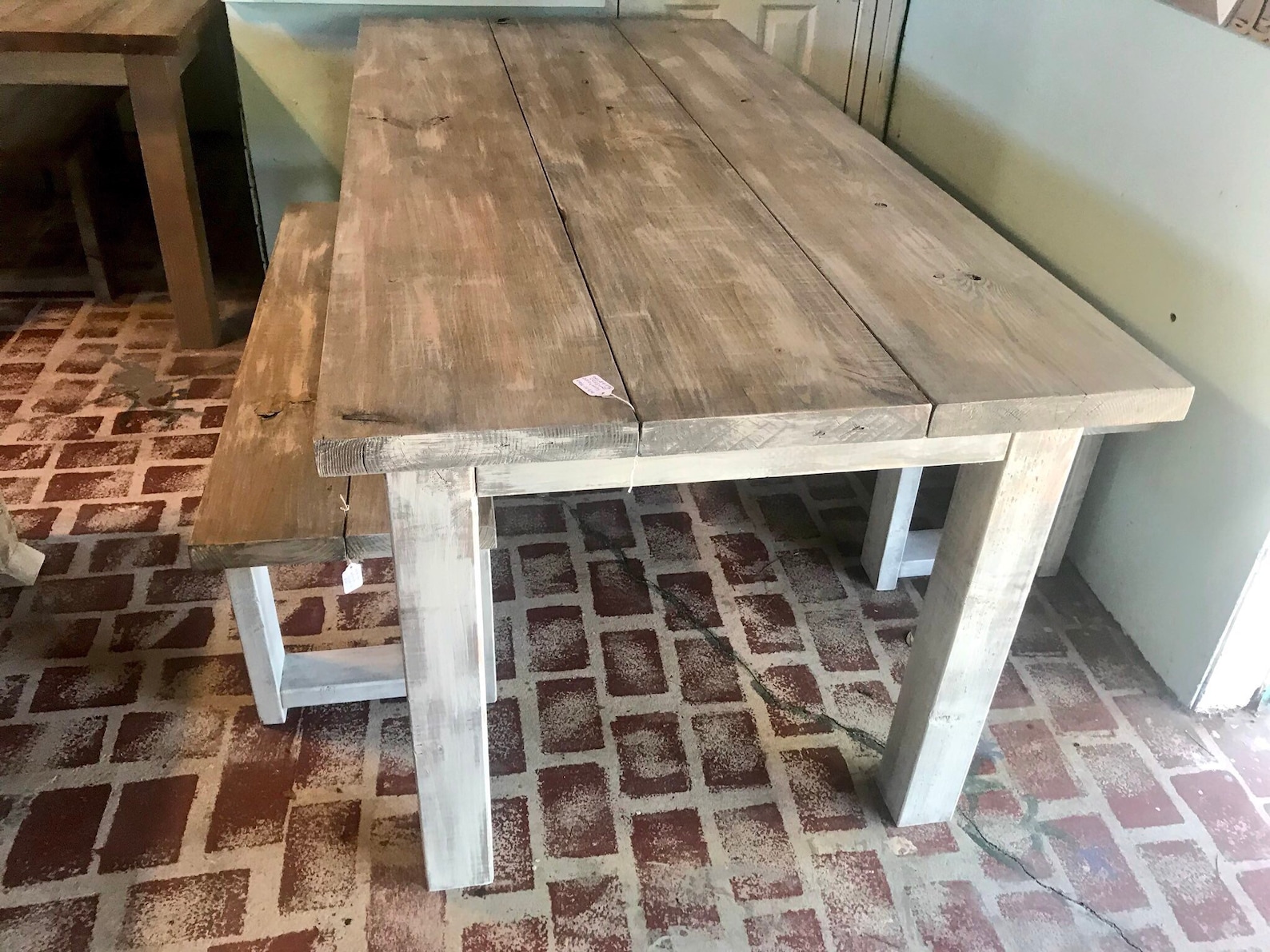 White Wash Farmhouse Table With Benches: Rustic Distressed Wood Dining ...