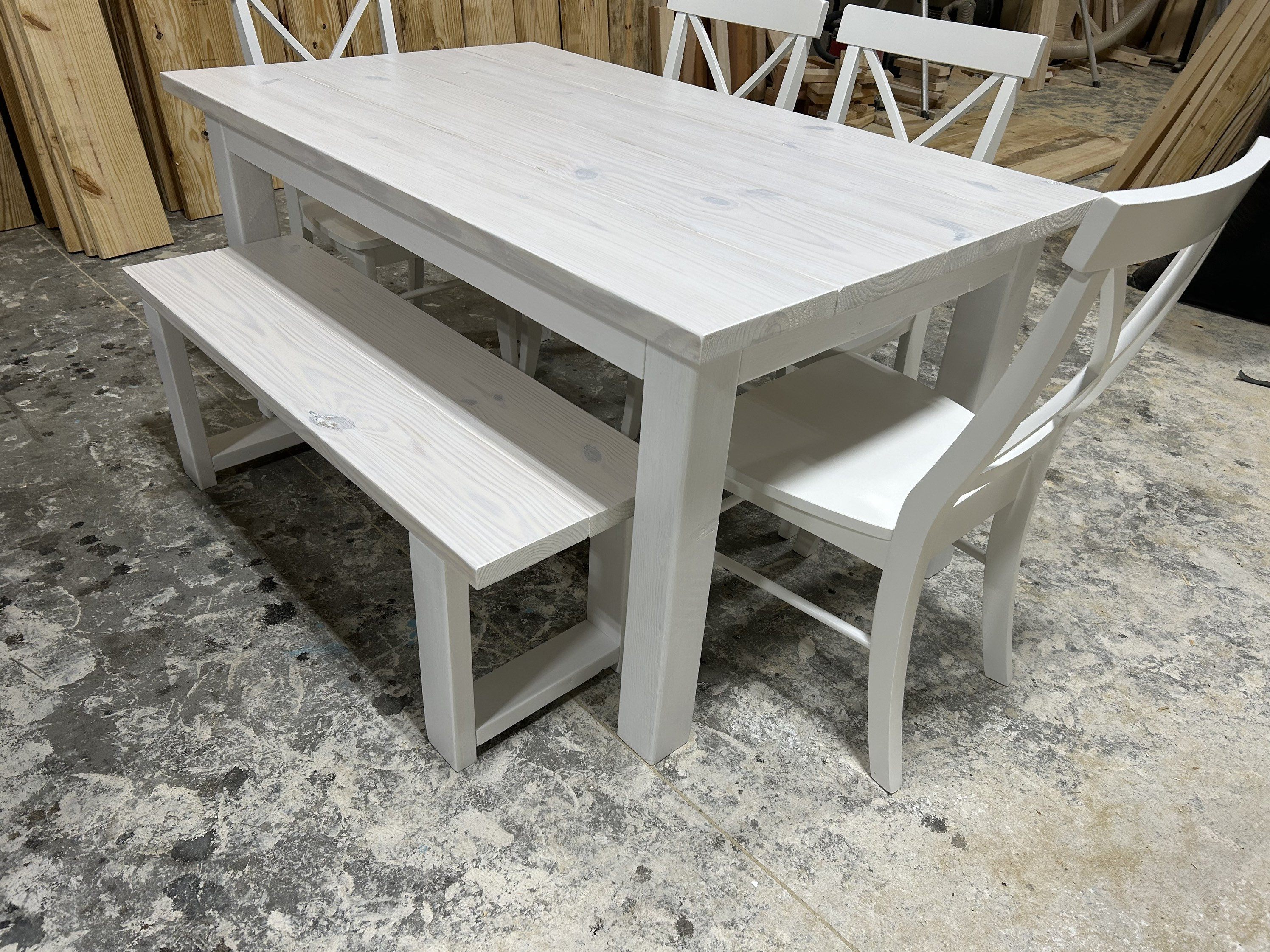 White Farmhouse Table Set, with Chairs and Bench, Small Dining Table ...