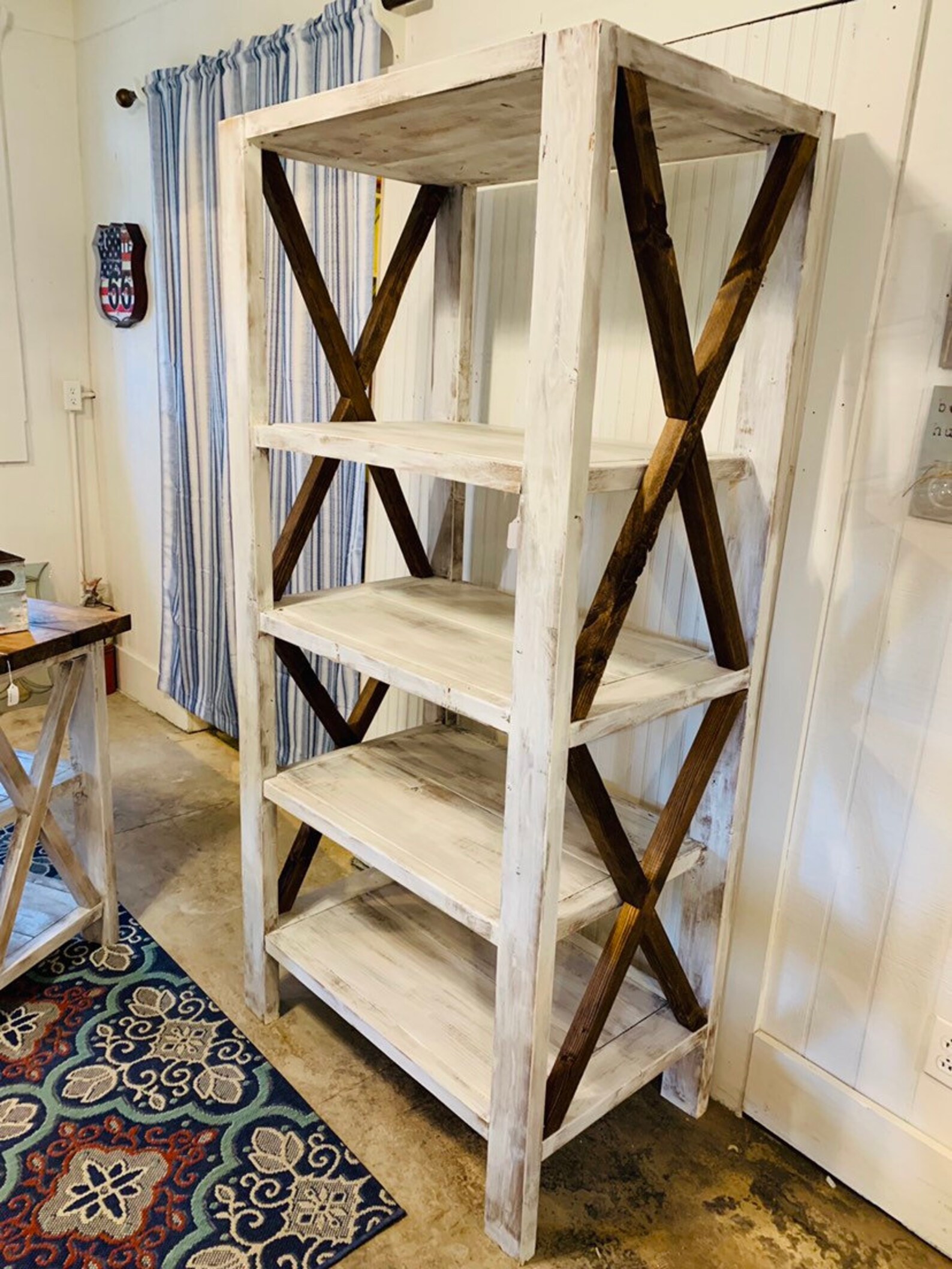 Rustic Farmhouse Bookshelf: Distressed Antique White With Brown X ...