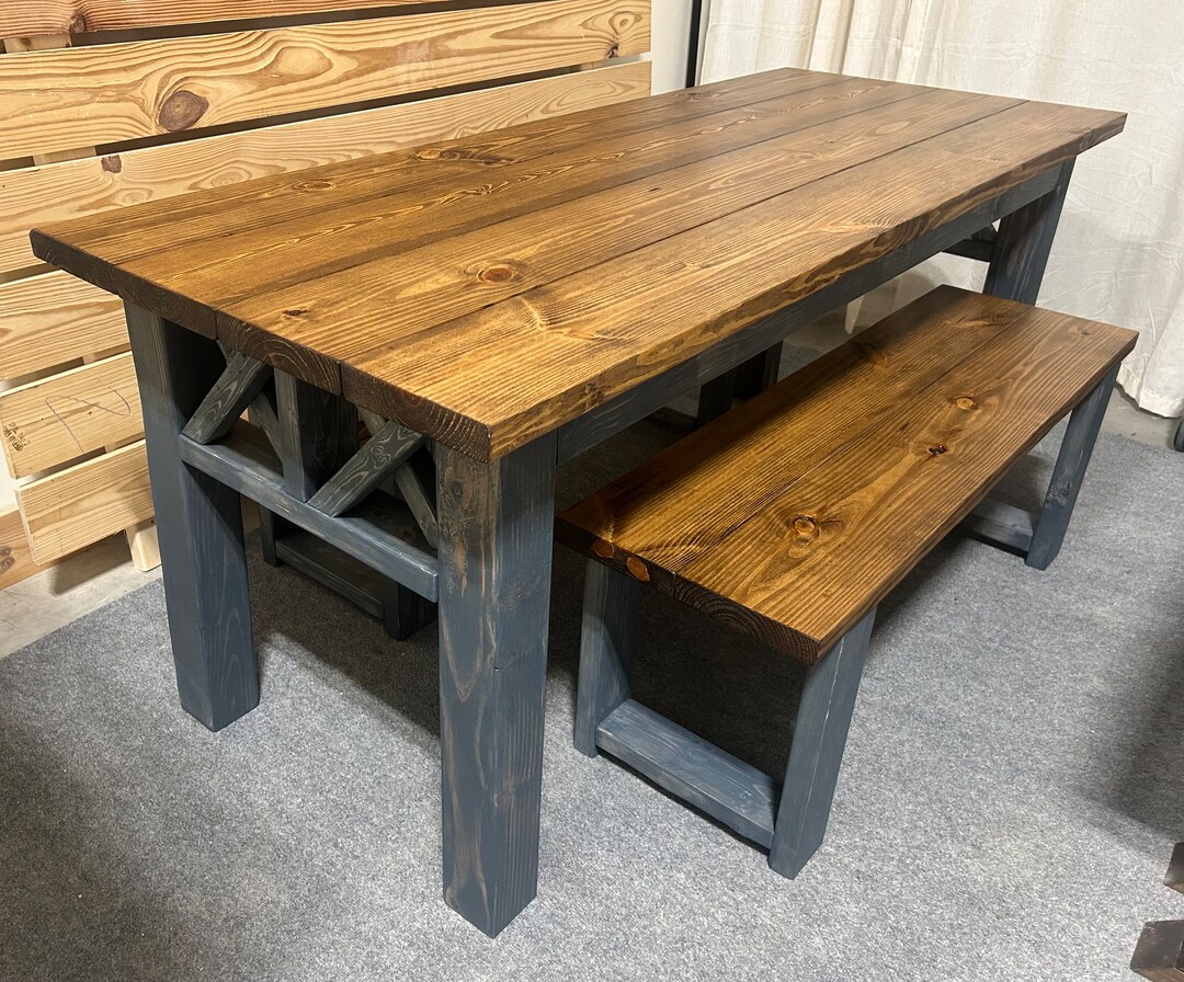 Wooden Farmhouse Style Table - With Benches - Gray and Provincial Brown ...