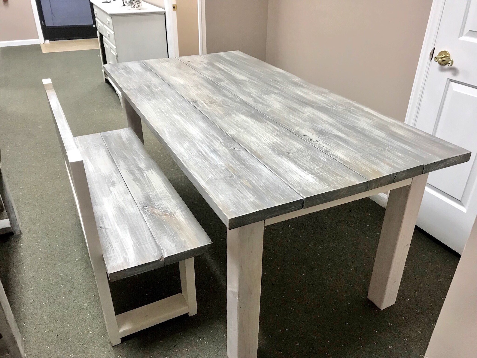 White Wash Farmhouse Table With Bench With Back Rustic Wooden | Etsy