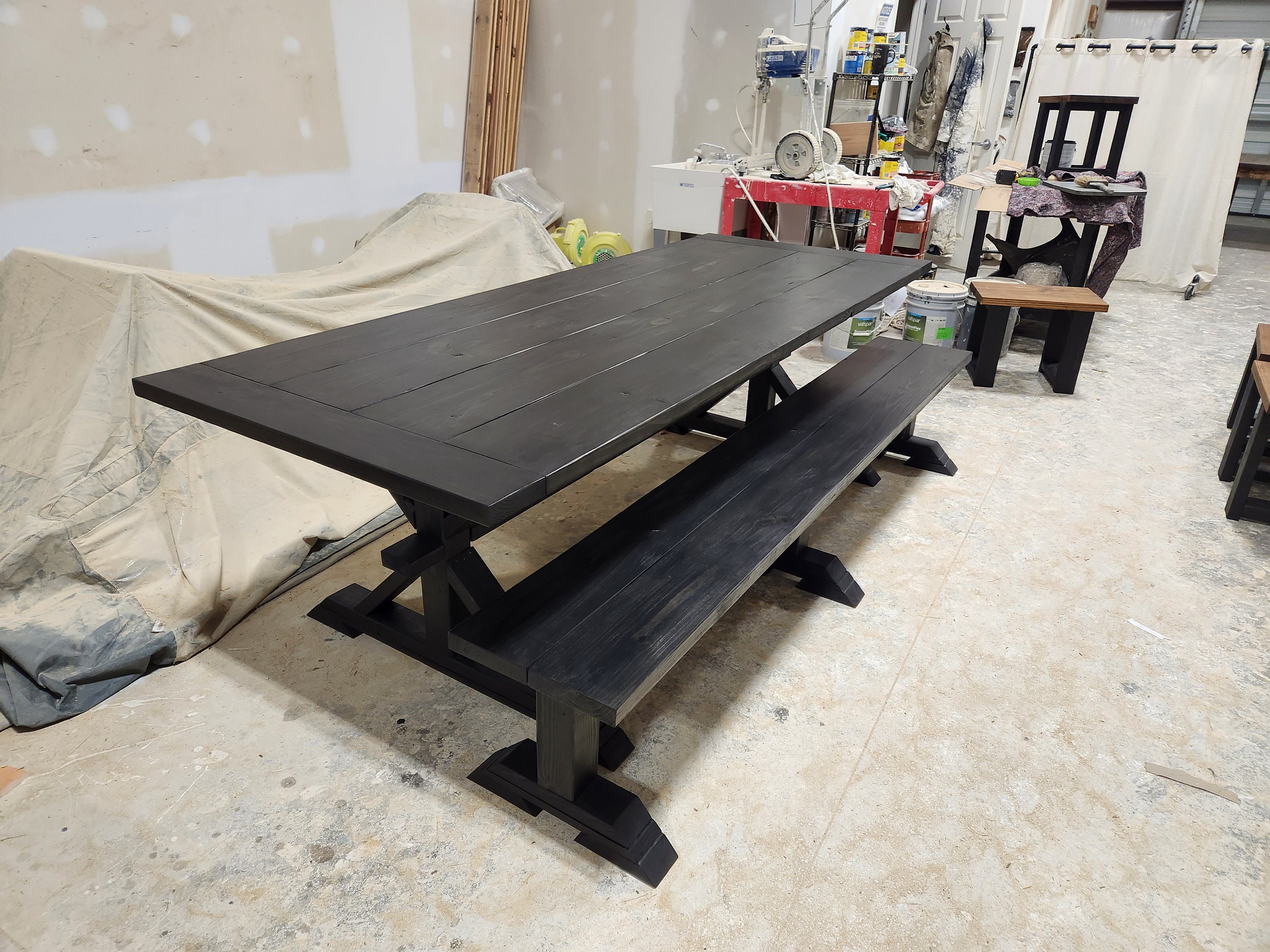 Black Modern Trestle Farmhouse Table, With Benches, Stained True Black ...