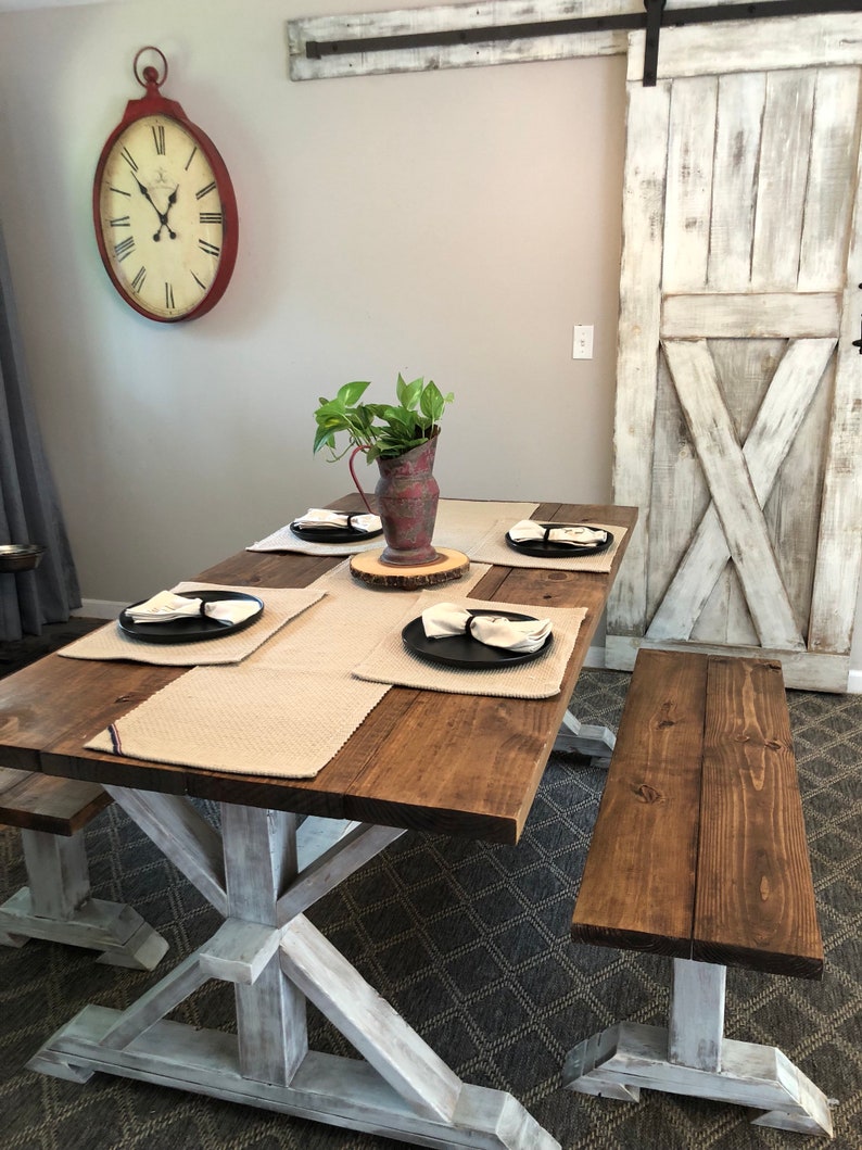 Rustic Pedestal Farmhouse Table With Benches Provincial Brown | Etsy