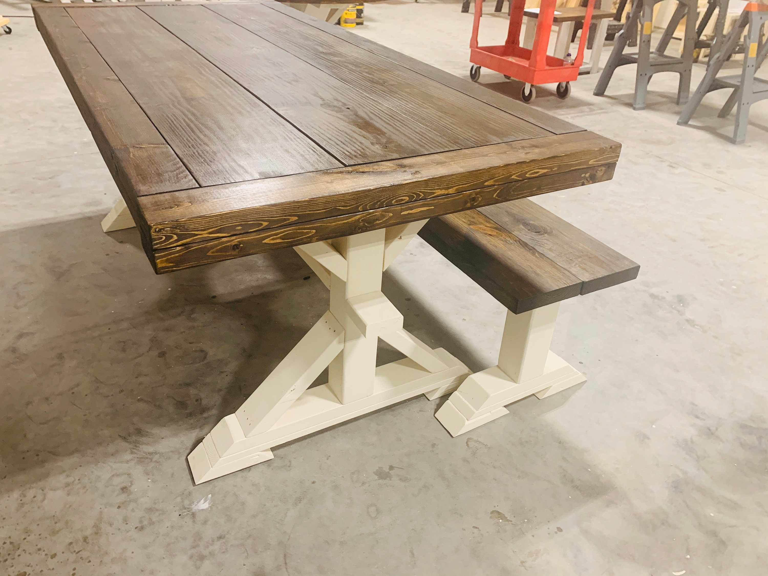 Chunky Farmhouse Table with Rustic Pedestal Base, and Bench Espresso ...