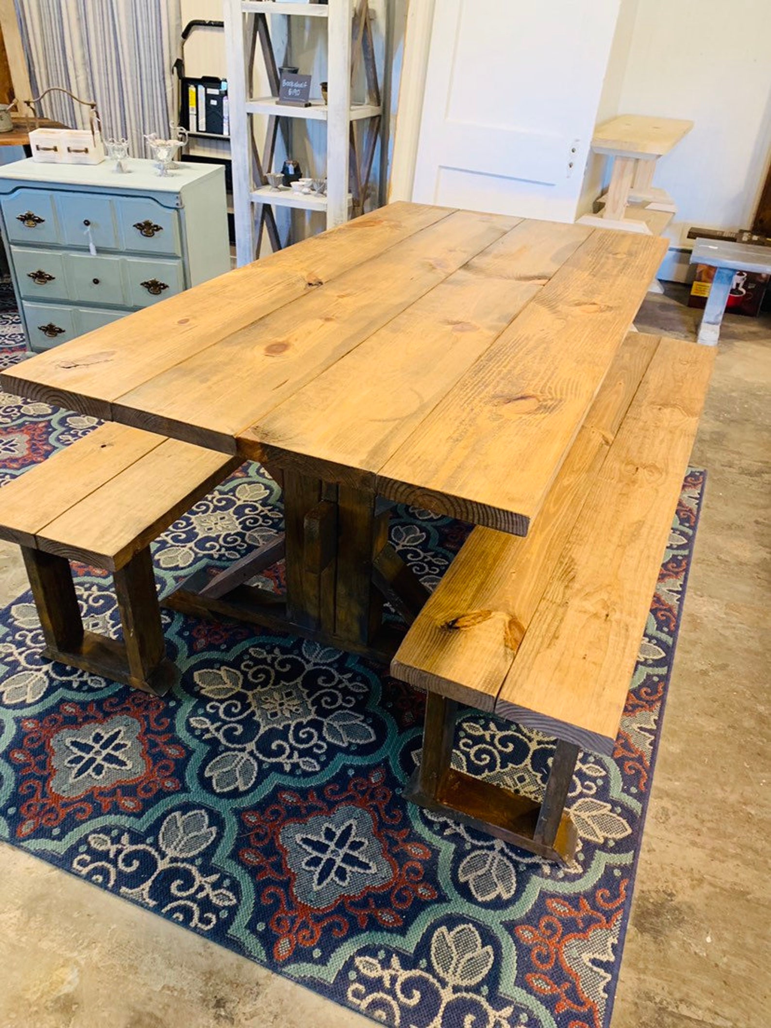 Rustic Rusty Trestle Style Farmhouse Table Set With Benches - Etsy
