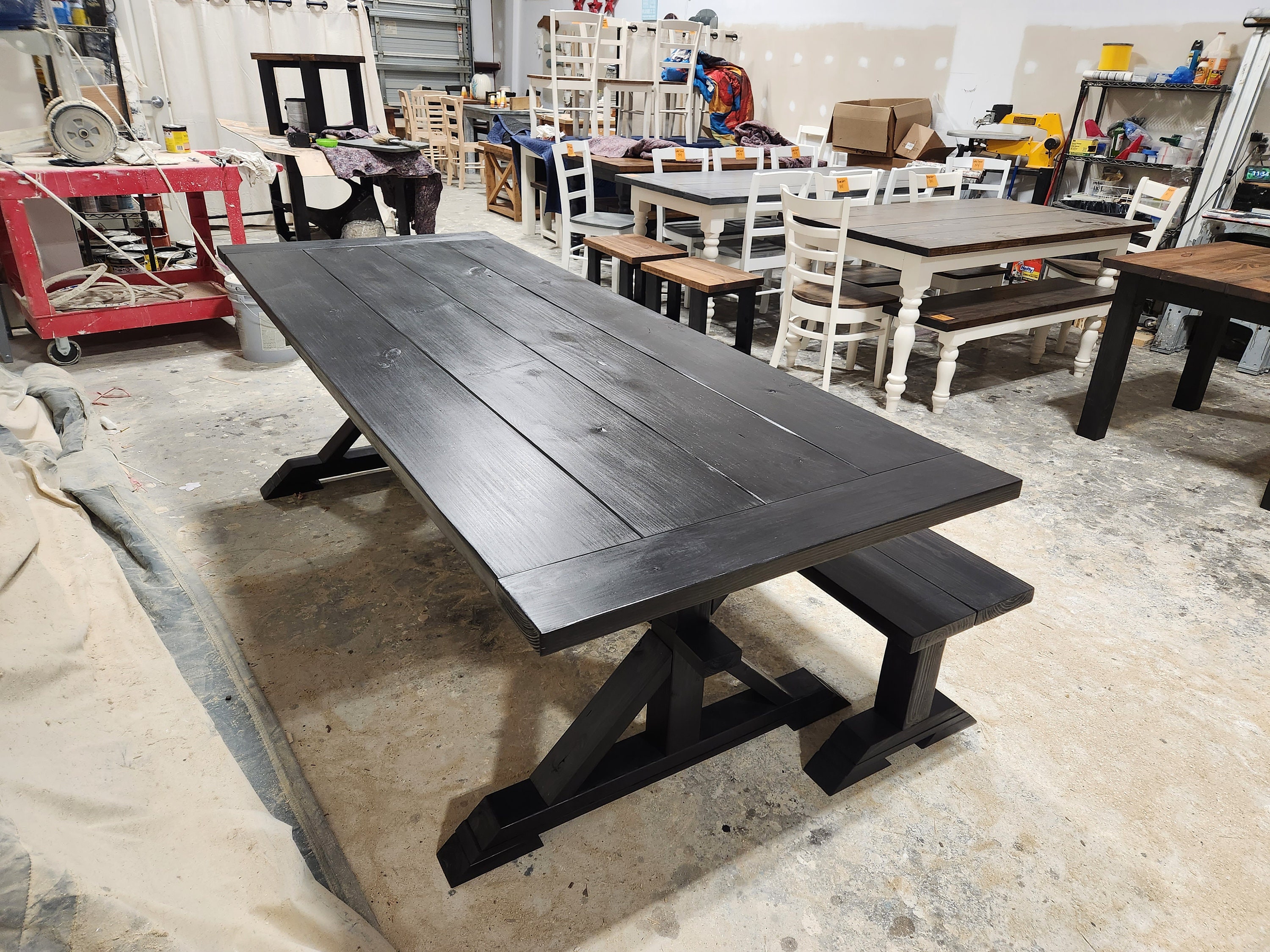Black Modern Trestle Farmhouse Table, With Benches, Stained True Black ...