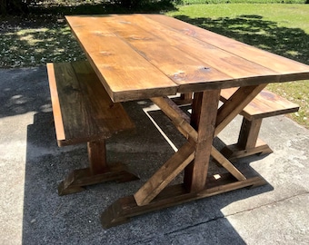 Rustic Pedestal Farmhouse Table With Benches Provincial Brown | Etsy