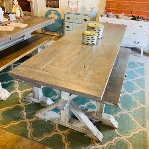 White Wash Farmhouse Table With Benches Rustic Wooden Gray - Etsy